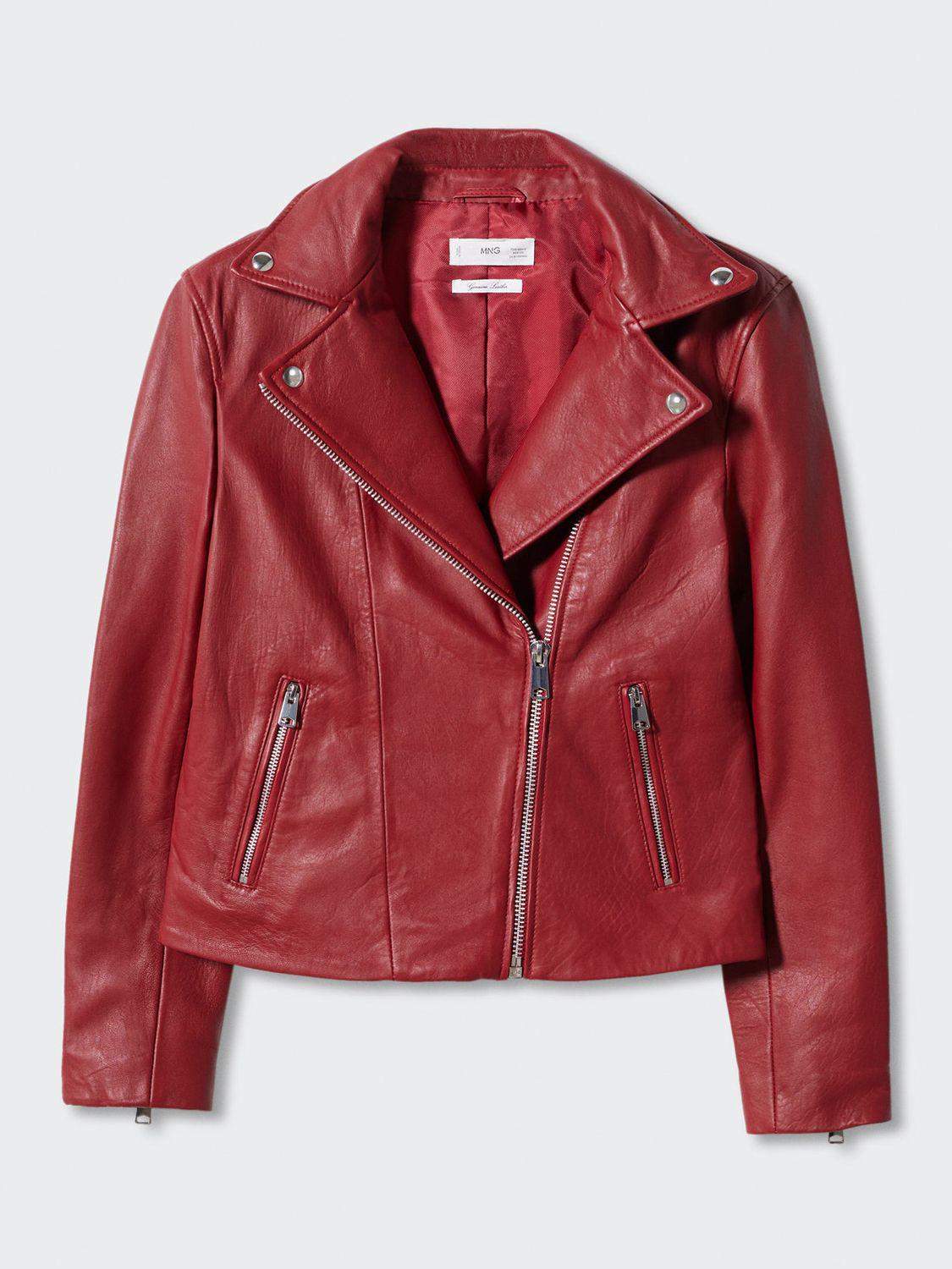 MANGO Perfect Leather Biker Jacket in Dark Red | endource