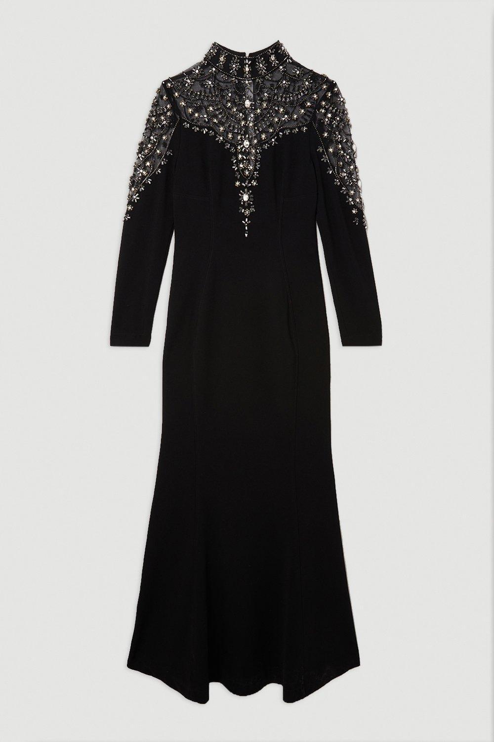 Karen Millen Premium Crystal Embellished Woven Maxi Dress In Black