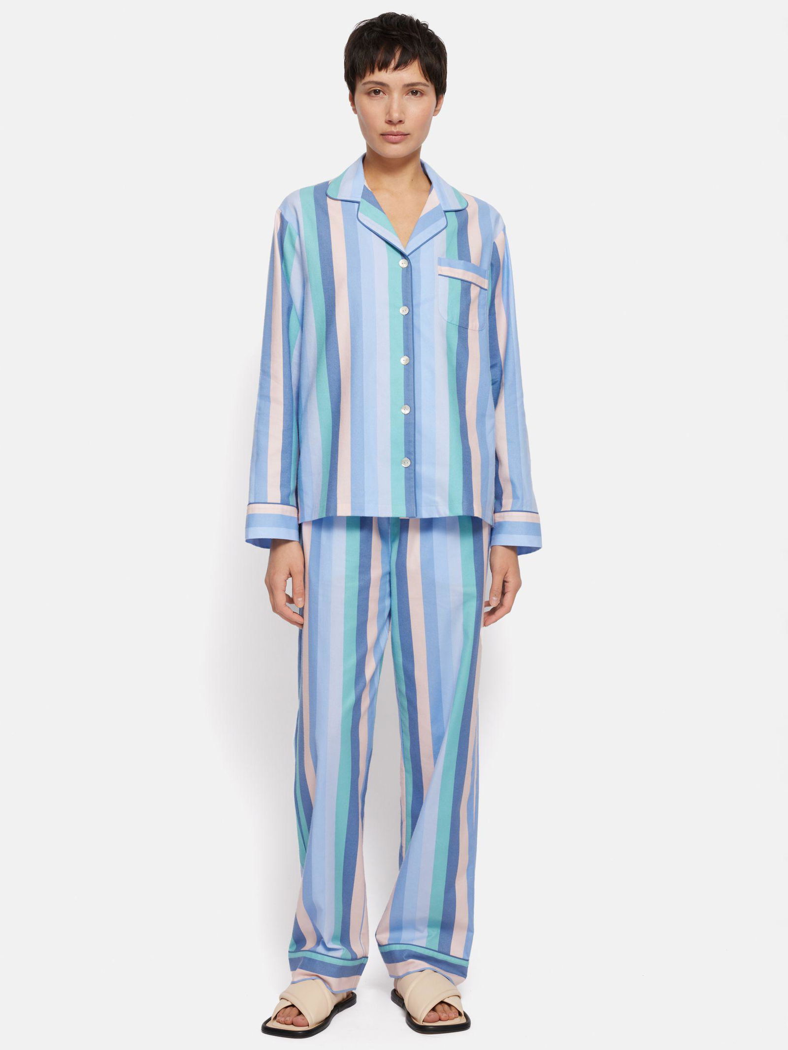 JIGSAW Stripe Brushed Cotton Twill Pyjamas in Blue/Multi | endource