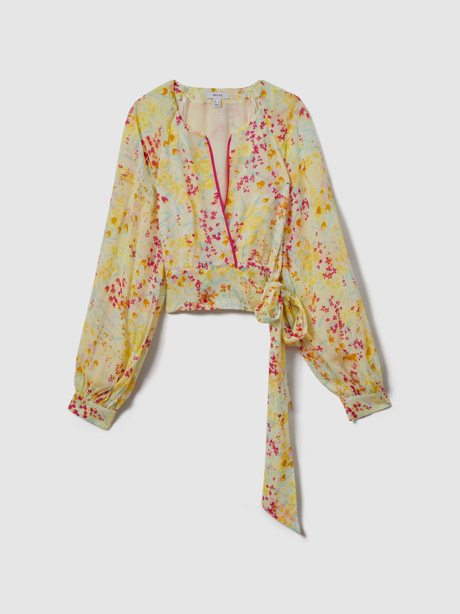 REISS Lyla Floral Print Tie Waist Cropped Blouse in Pink/Yellow | endource