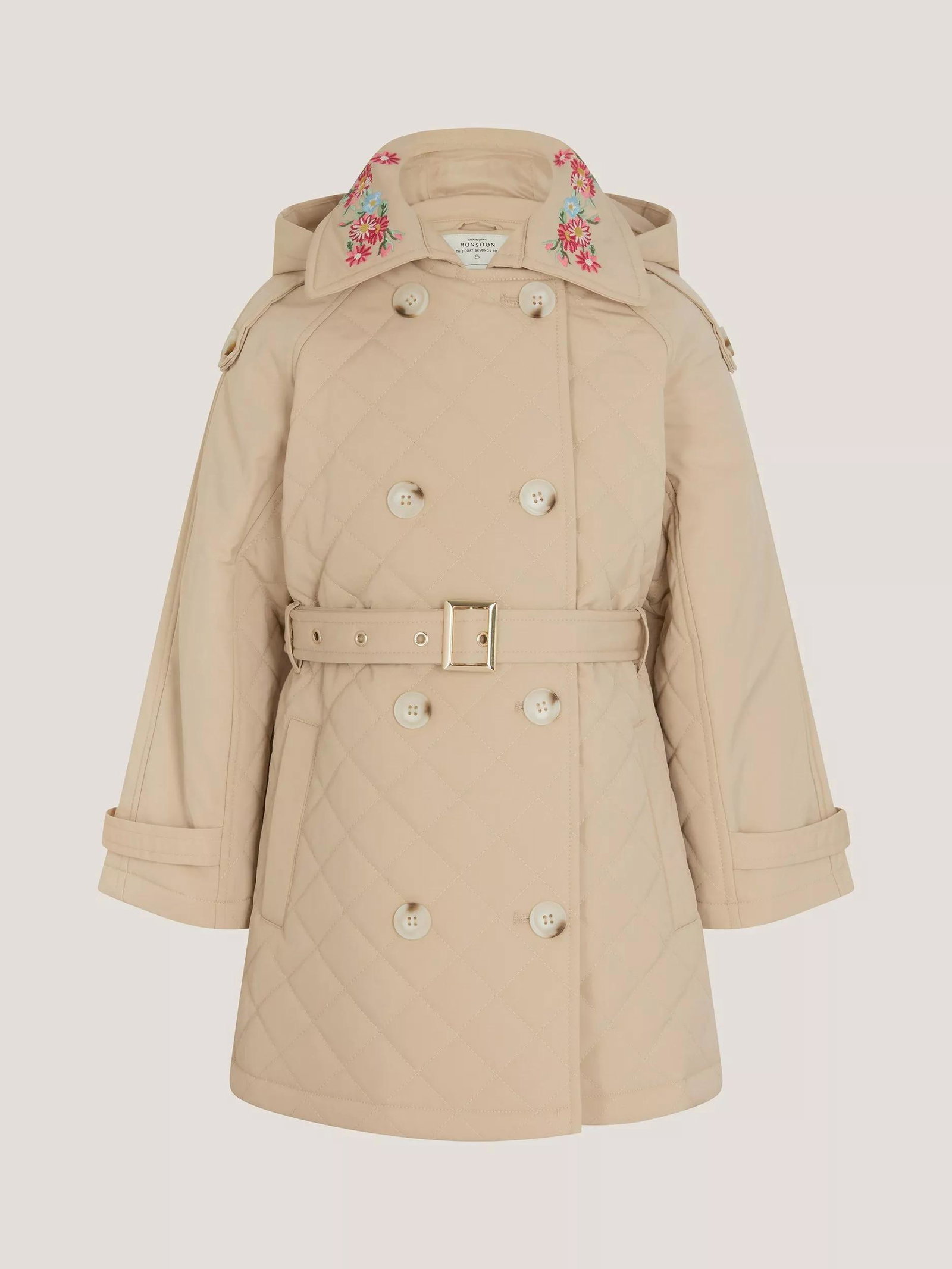 Monsoon Kids' Embroidered Double Breasted Trench Coat, Cream | endource