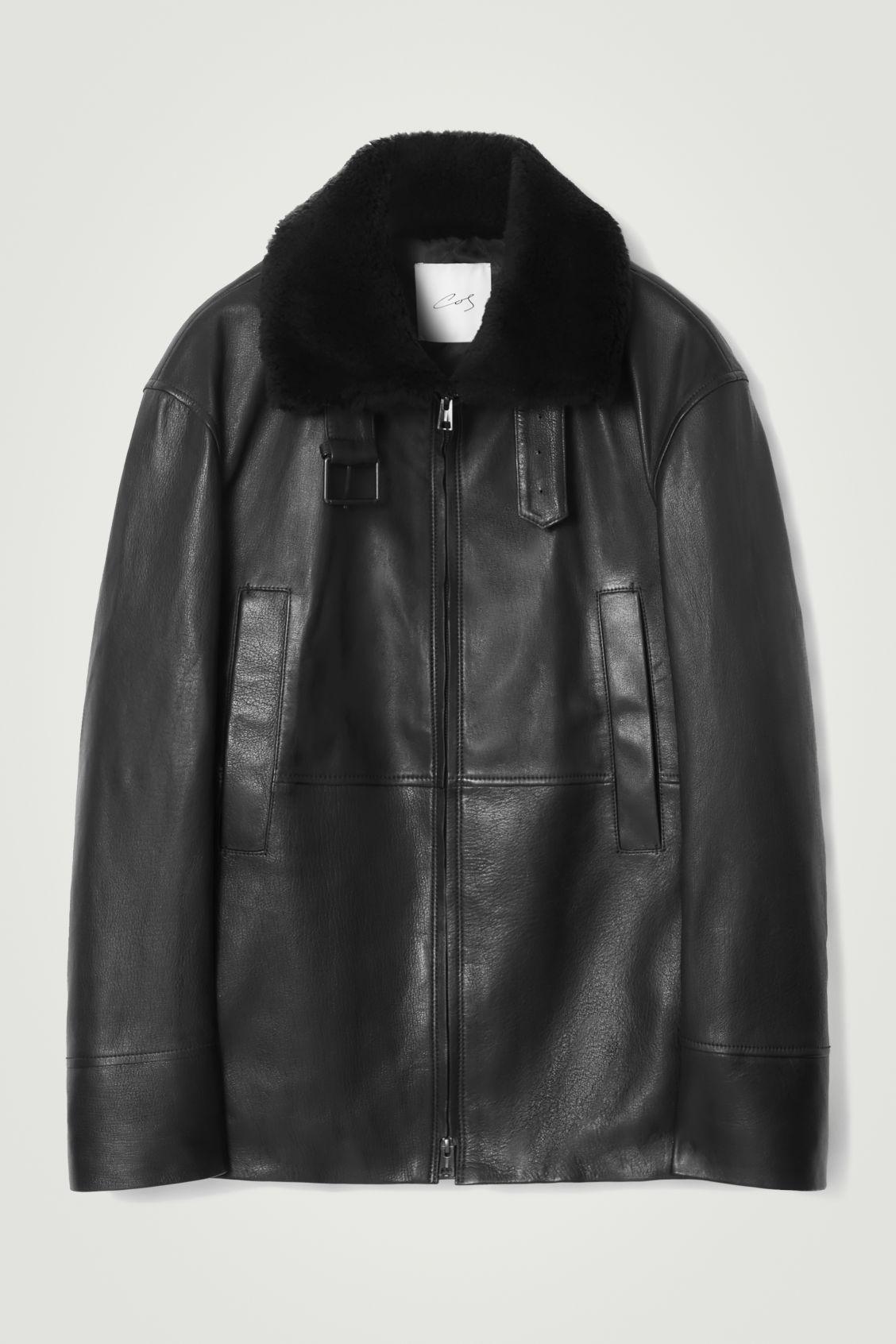 COS The Shearling-Trimmed Leather Jacket in CARBON | endource