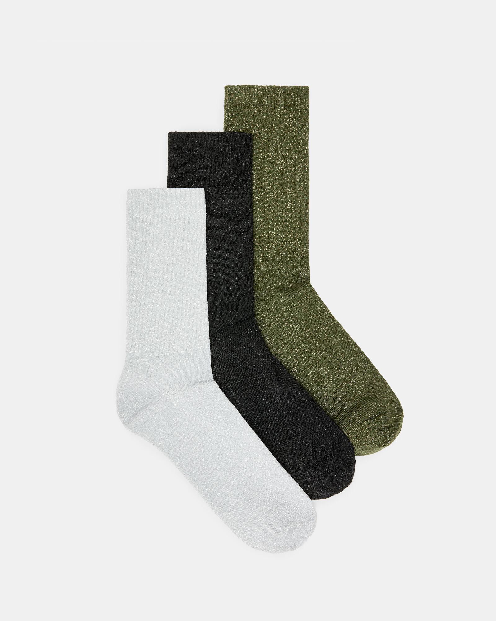 ALLSAINTS Metallic Socks 3 Pack in BLACK/SILVER/OLIVE | endource
