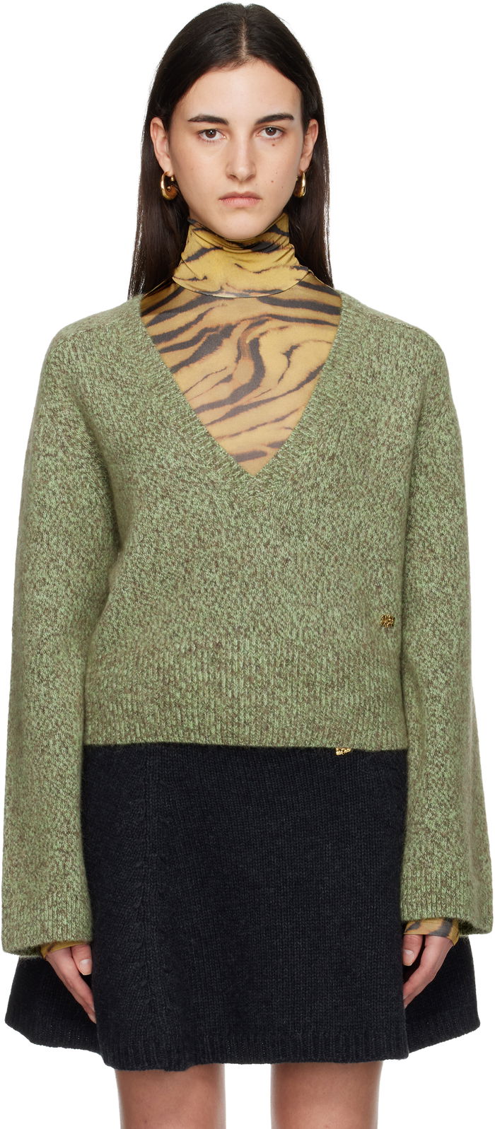 GANNI Green Brushed Mohair Mix Deep V-Neck Sweater | endource