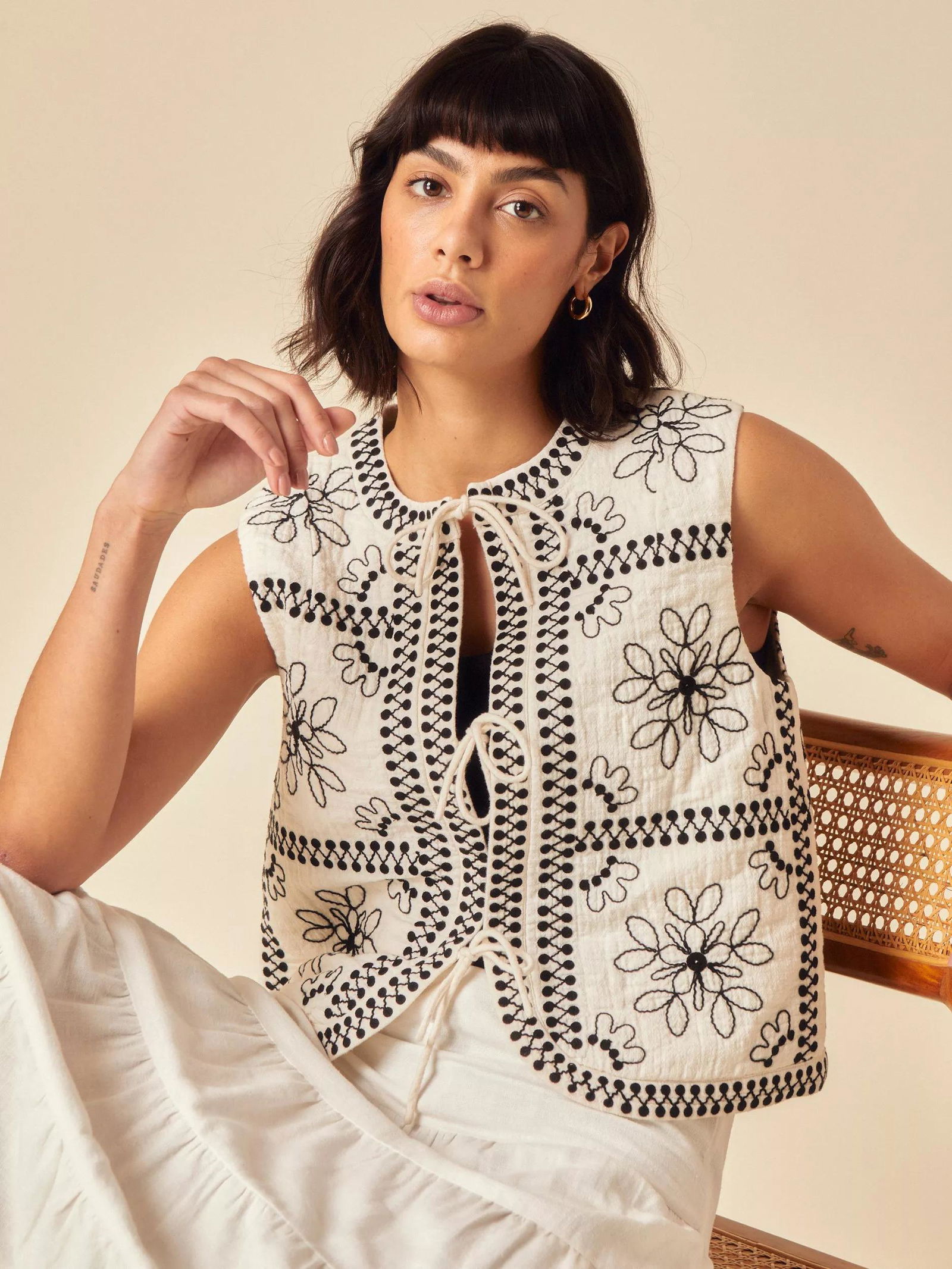 NOBODY'S CHILD Layla Embroidered Waistcoat in Cream | endource