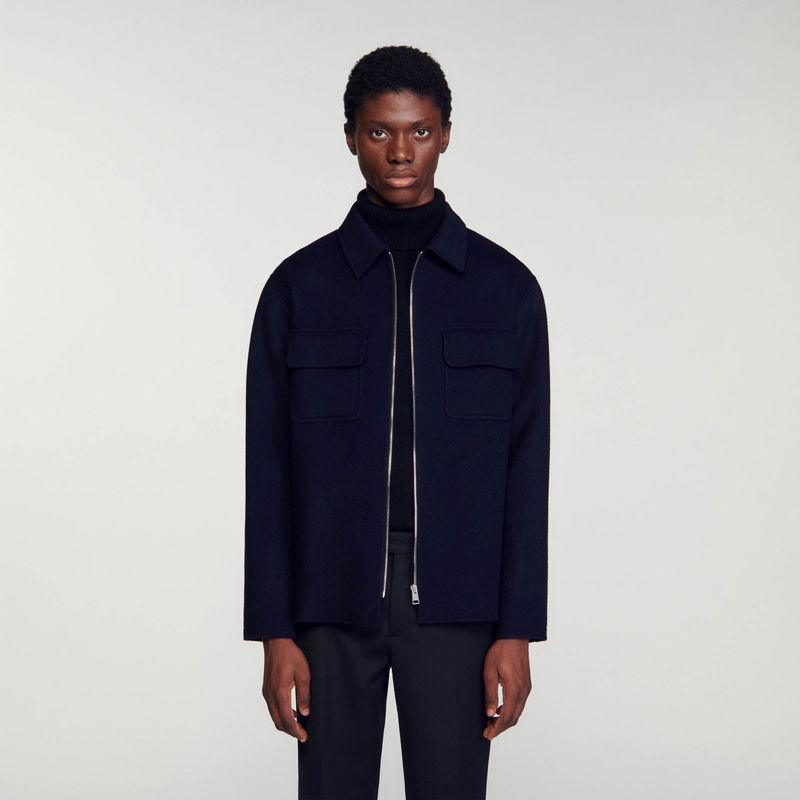 SANDRO Wool Jacket in Dark Navy | Endource