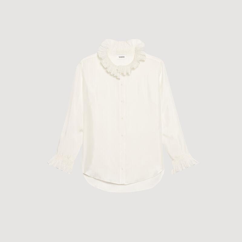 SANDRO Silk Shirt With Gathered Collar in Ecru | endource