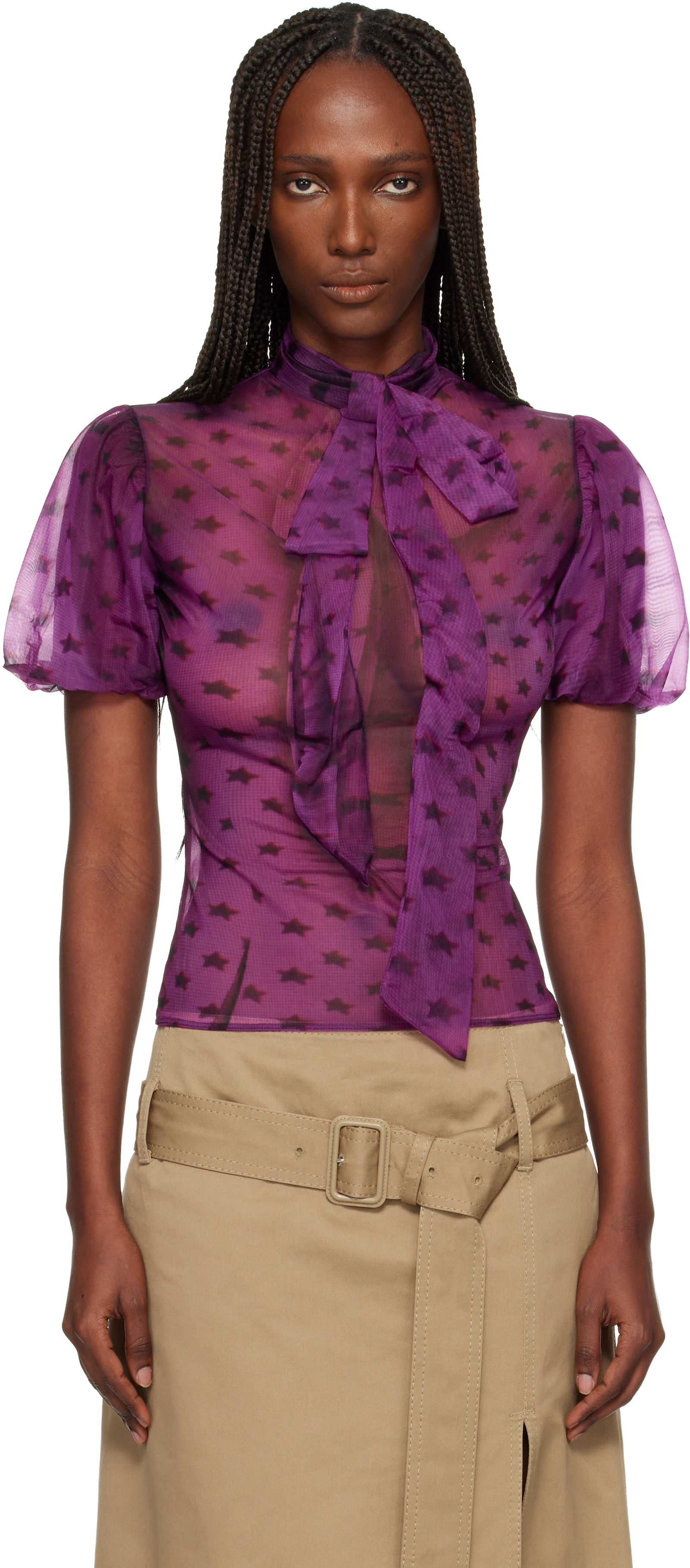 ACNE STUDIOS Purple Sheer Bow Blouse | endource