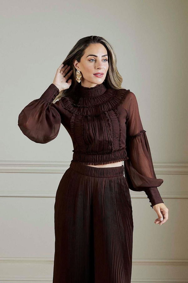 KAREN MILLEN Pleat Crinkle High Neck Drama Sleeve Woven Blouse | endource