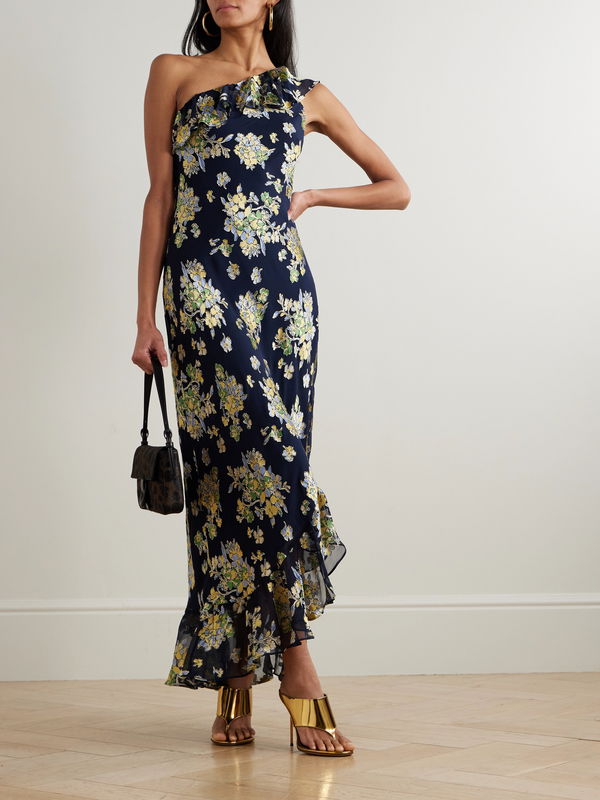RIXO Leon One-Shoulder Ruffled Devoré-Velvet Chiffon Maxi Dress | endource