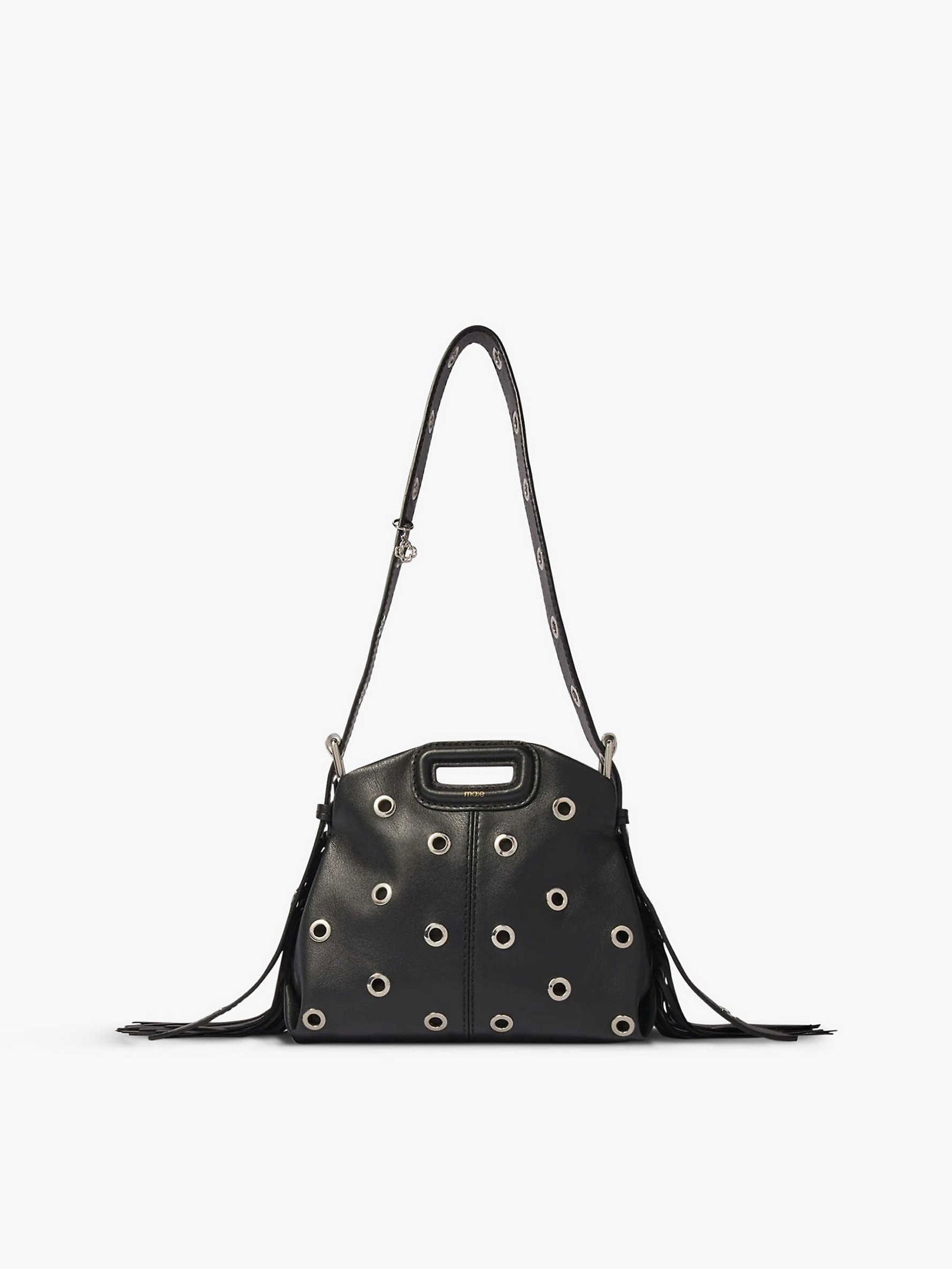 MAJE Eyelet-Embellished Leather Shoulder Bag in Noir / Gris | endource