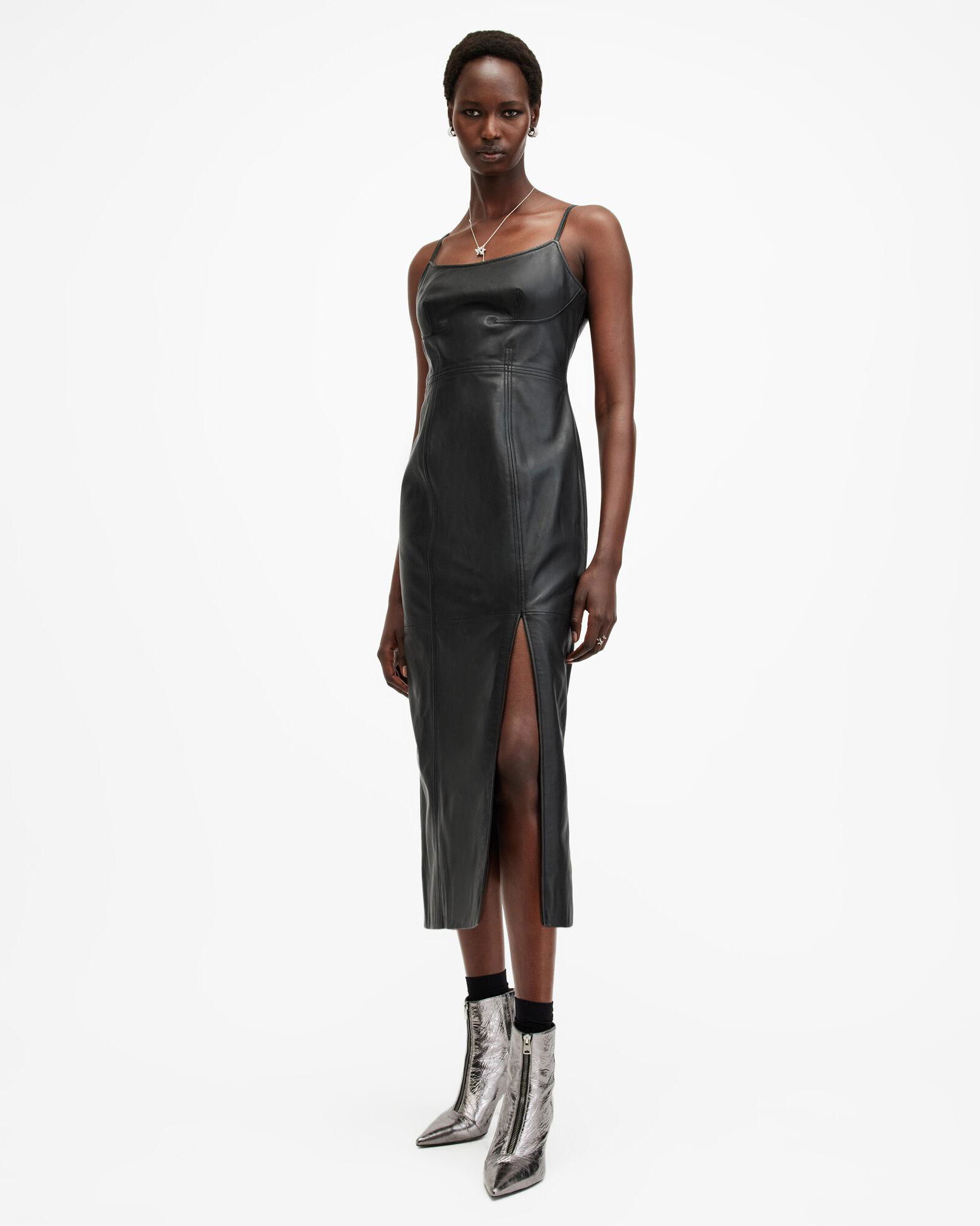 ALLSAINTS Norlene Scoop Neck Leather Midi Dress in Black | endource