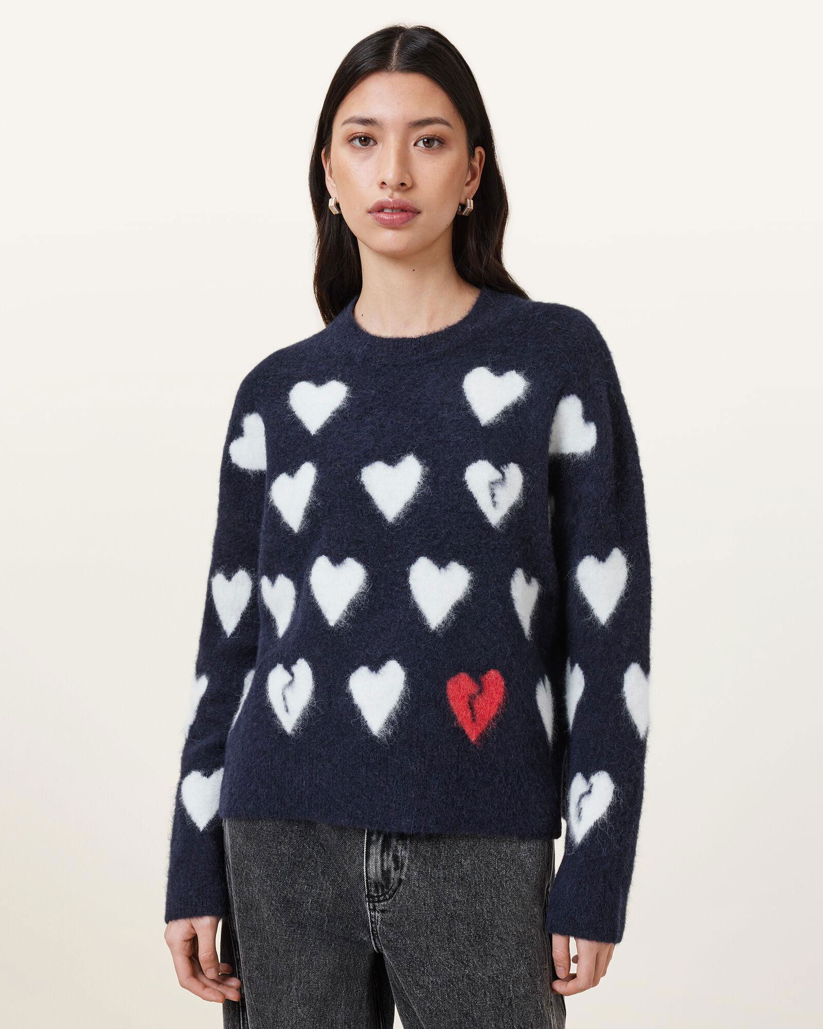 ALLSAINTS Amora Love Heart Jacquard Jumper in INK BLUE/WHITE | endource