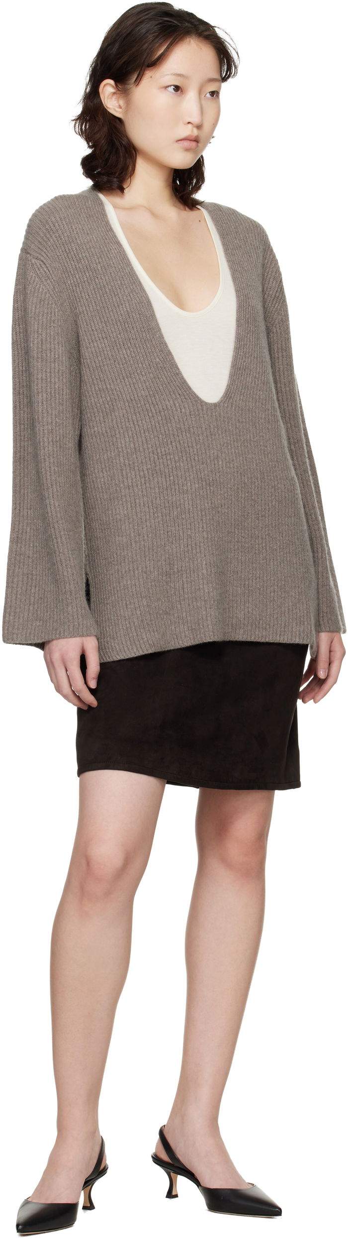 Loulou De Saison Gray Gabe U Neck Ribbed Cashmere Sweater | endource