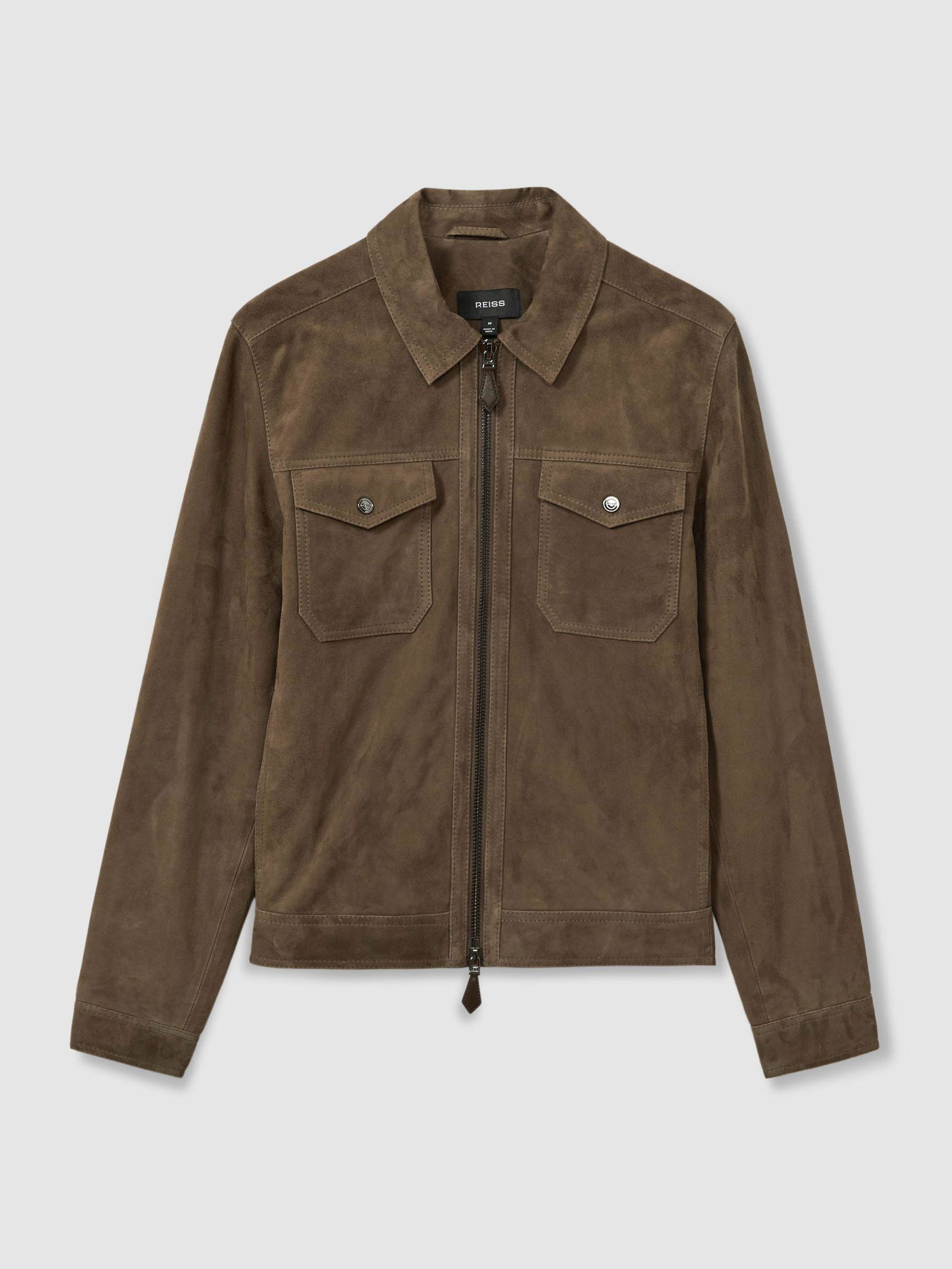 REISS Suede Zip Through Trucker Jacket in Light Charcoal Grey | endource