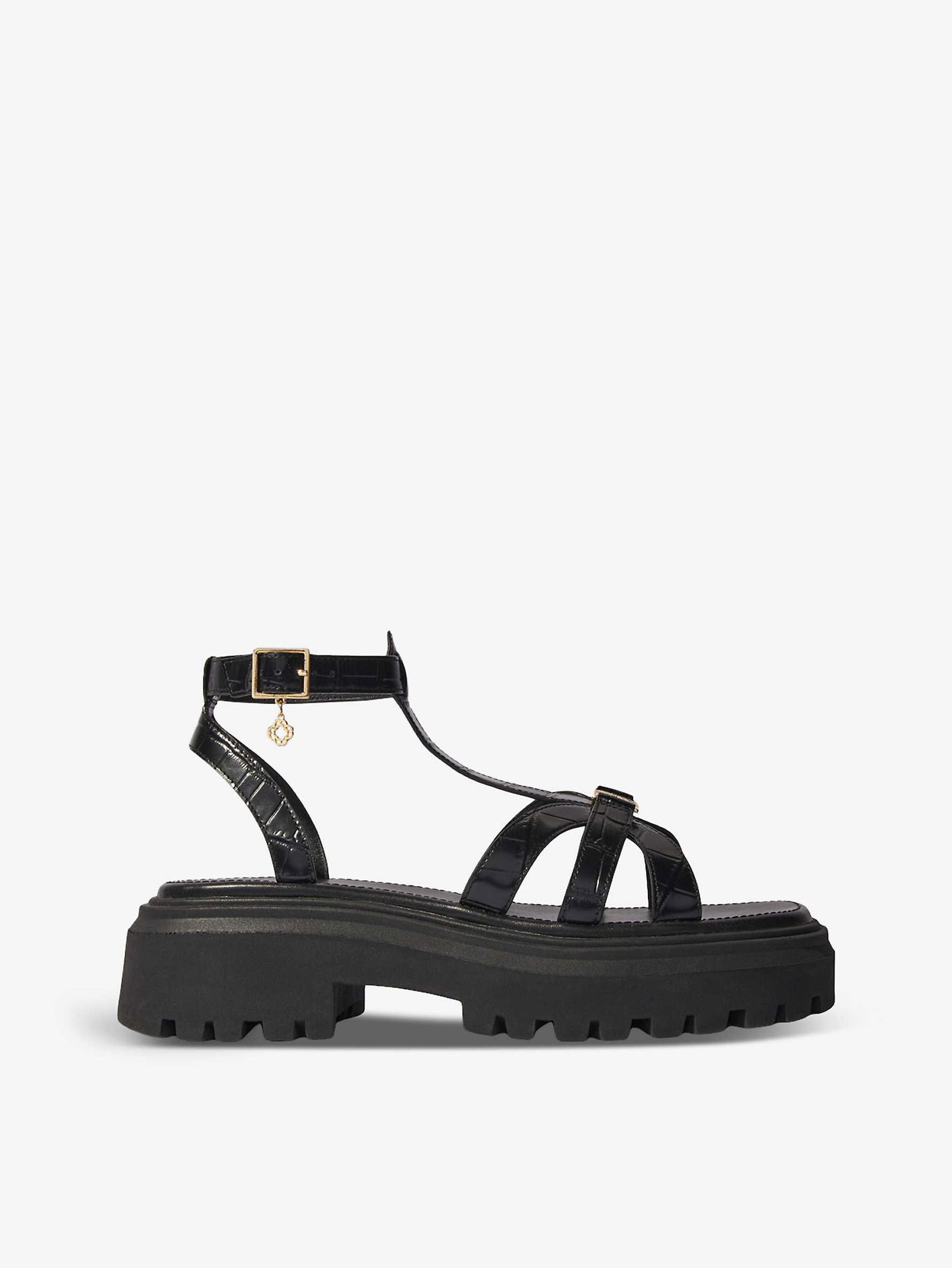 MAJE Clover-Embellished Croc-Embossed Flat Leather Sandals in Noir ...
