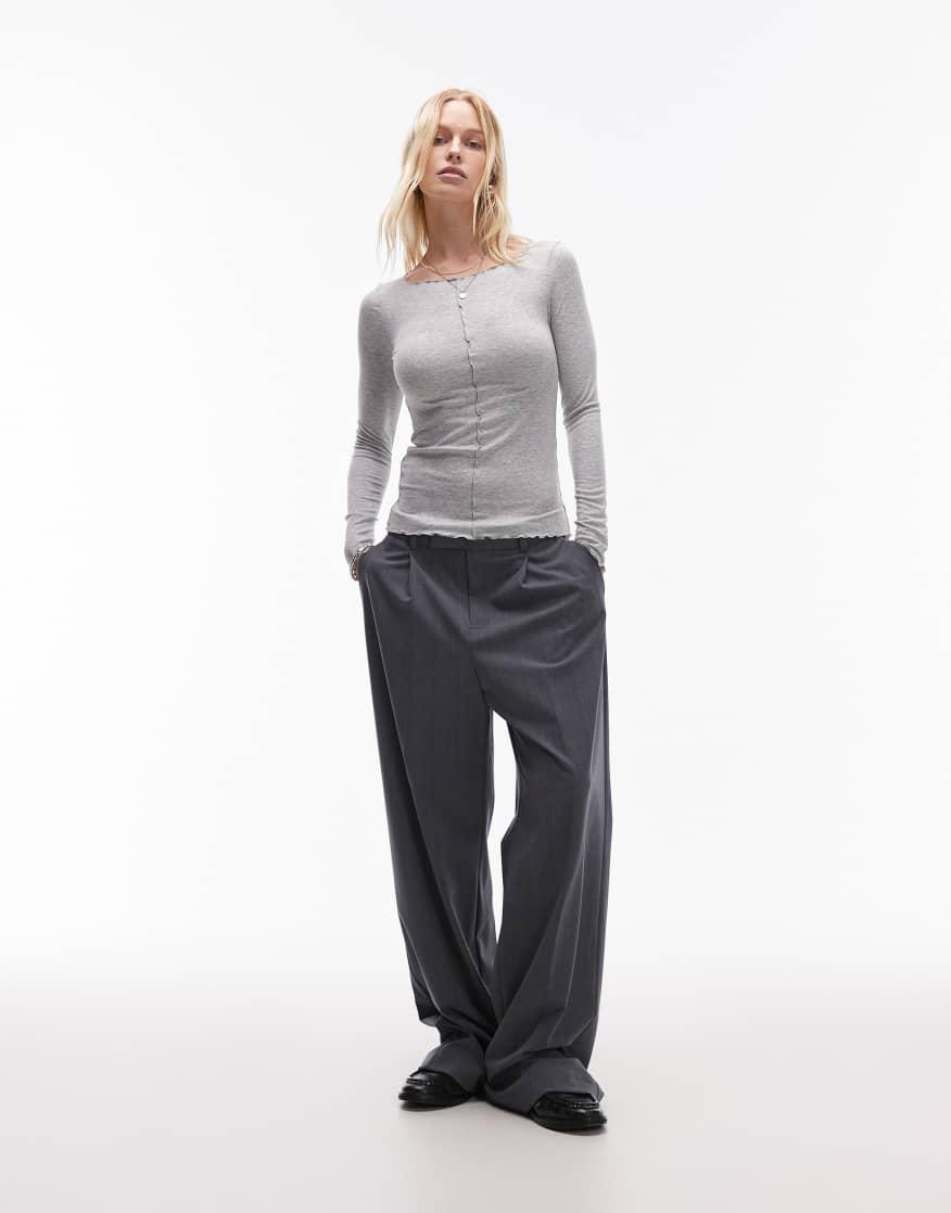 Mango Contrast Seam Detail Lettuce Edge Top In Grey Endource
