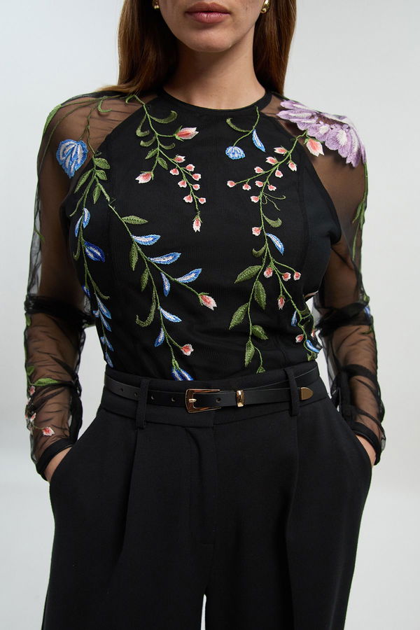 KAREN MILLEN Placed Floral Embroidered Mesh Long Sleeve Woven Top ...