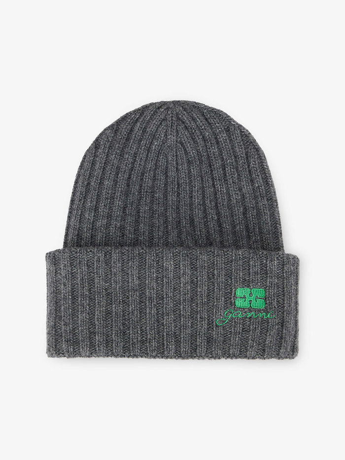 GANNI Ribbed Brand-Embroidery Wool-Blend Beanie | endource