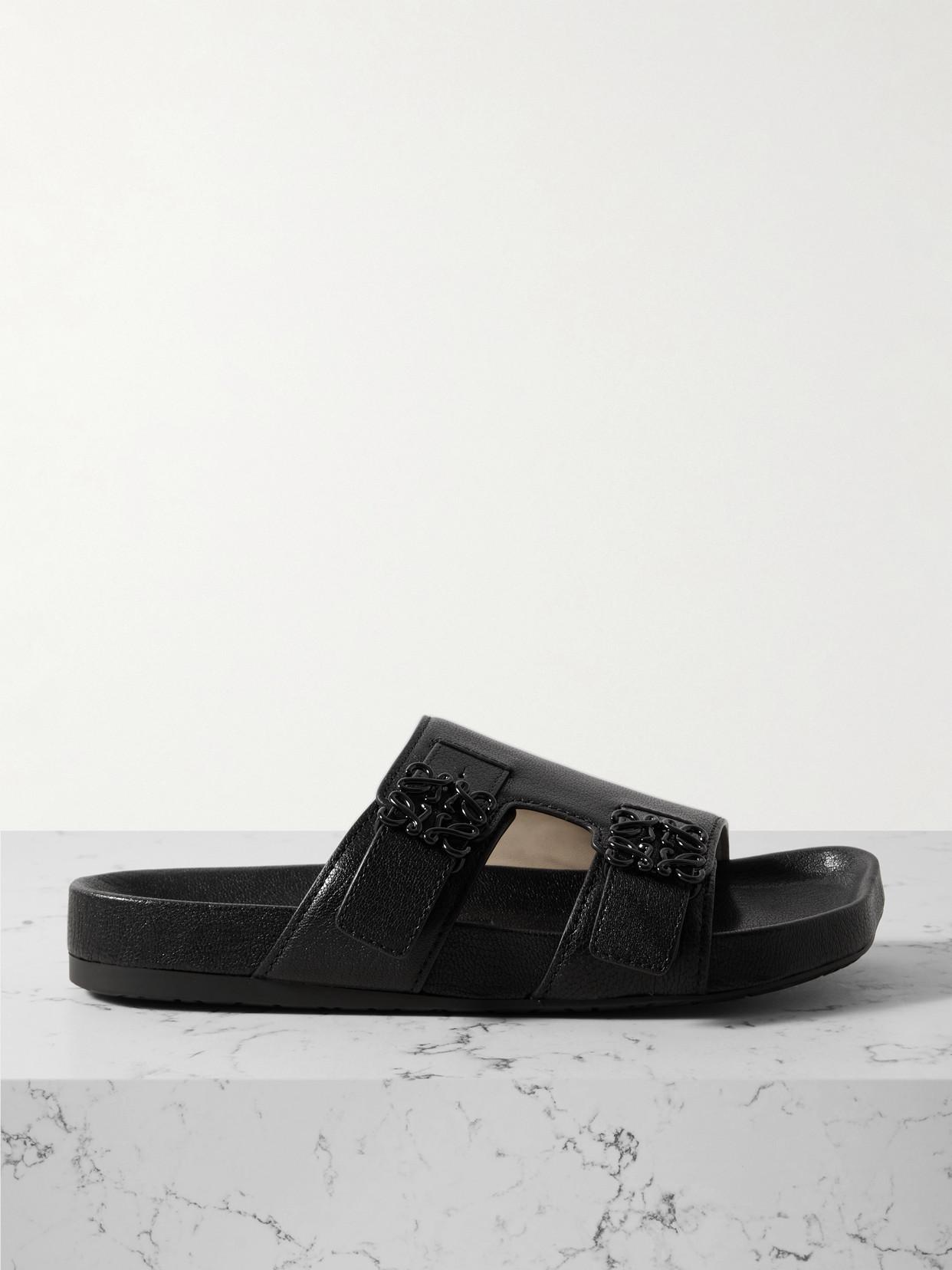 LOEWE Ease Embellished Leather Slides in Black | endource