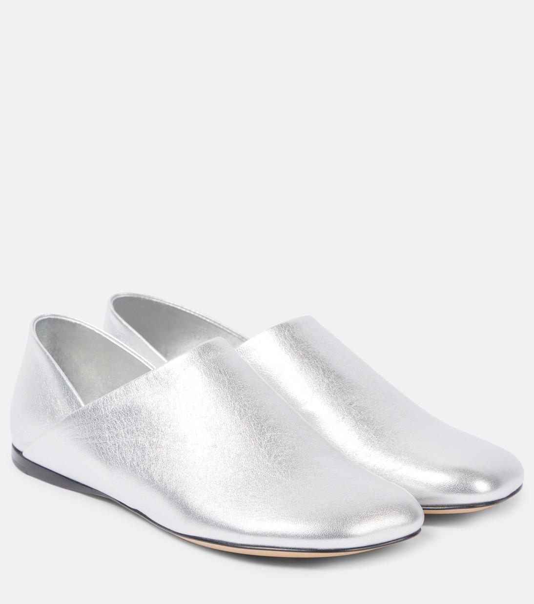 LOEWE Toy Metallic Leather Slippers in Silver | endource