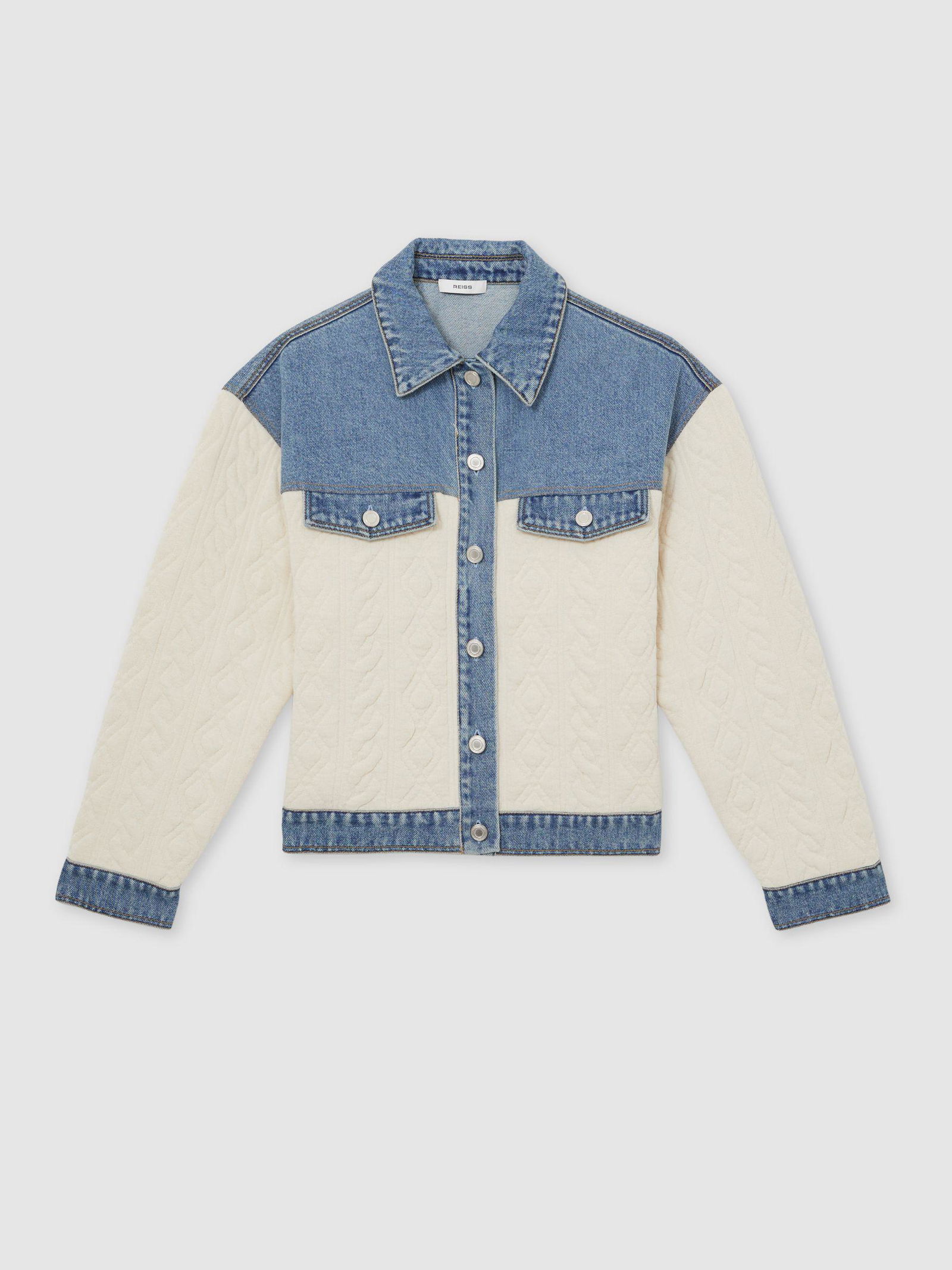 REISS Anna Quilted Colour Block Denim Jacket in Denim Blue | endource