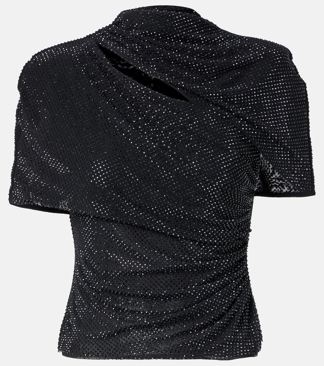 SELF-PORTRAIT Draped Embellished Mesh Top in Black | endource