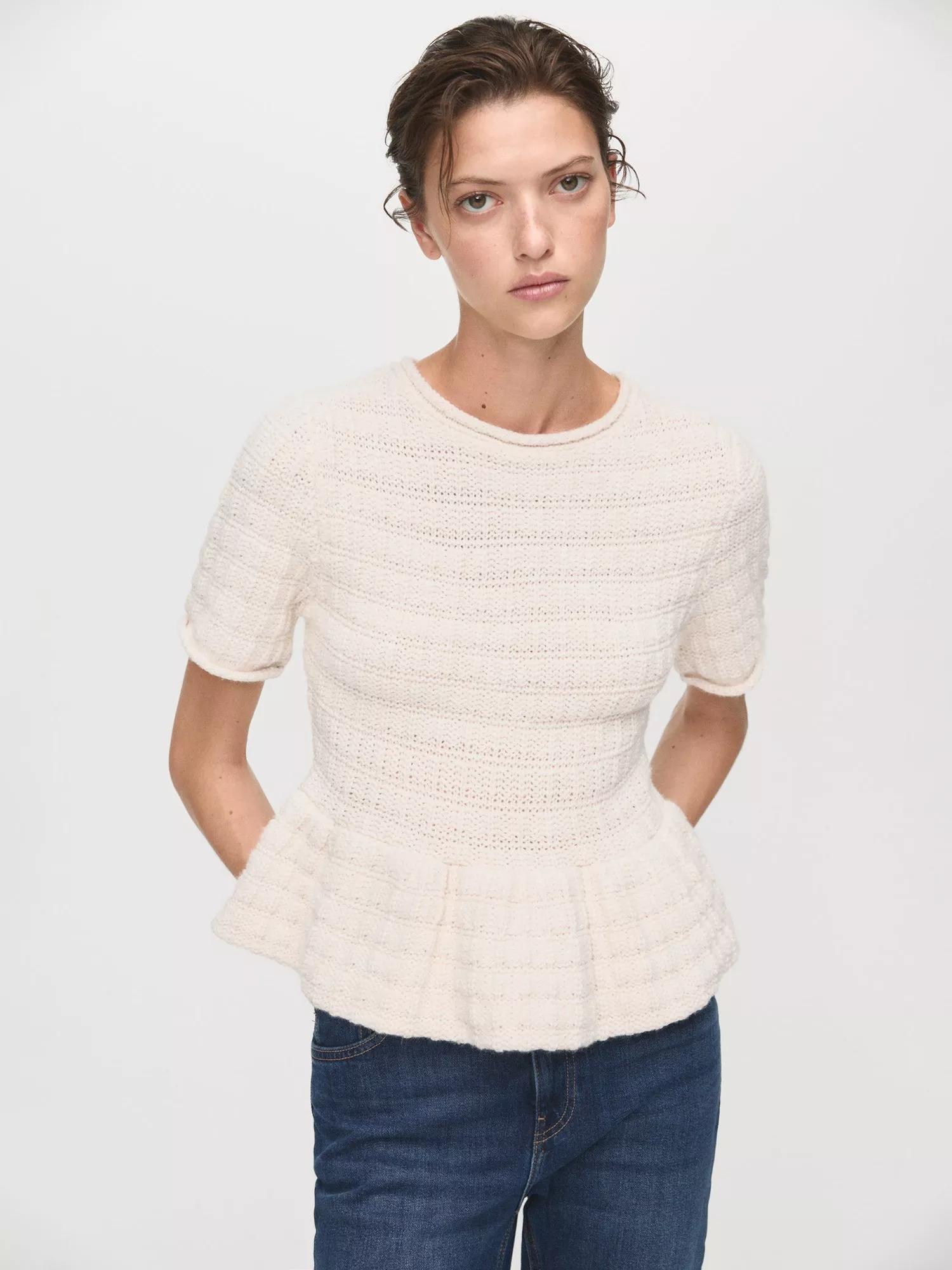 MANGO Doll Textured Ruffle Knit Top, Light Beige | endource