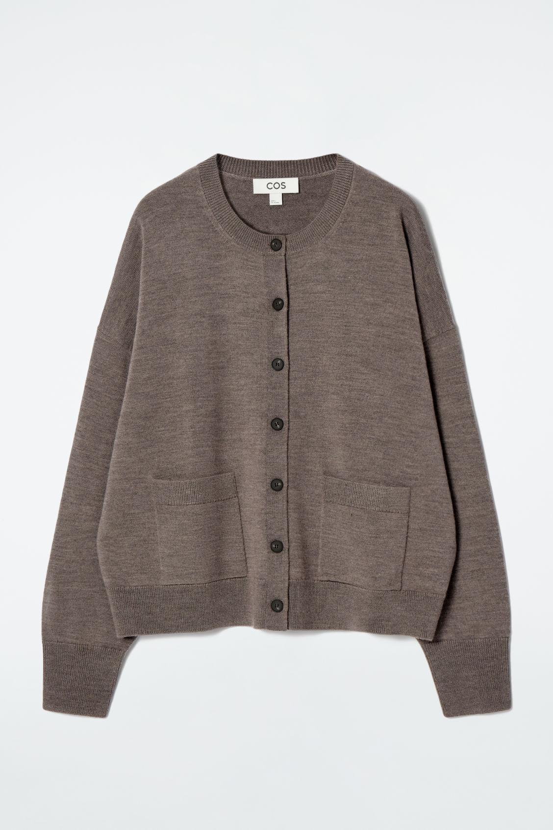 COS Merino Wool Crew-Neck Cardigan in BROWN | endource