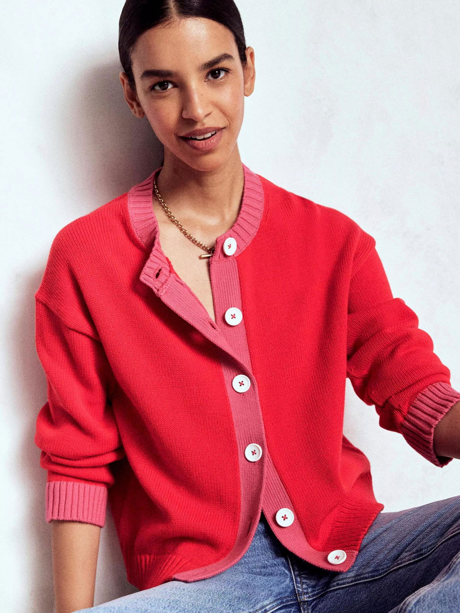 BODEN Jemma Chunky Colour Block Cardigan, Poppy Red | endource