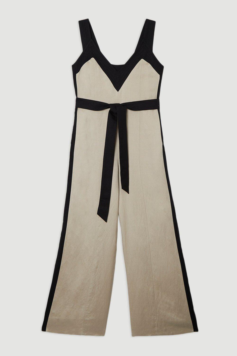 KAREN MILLEN Linen Viscose Colour Block Cross Back Woven Jumpsuit in ...