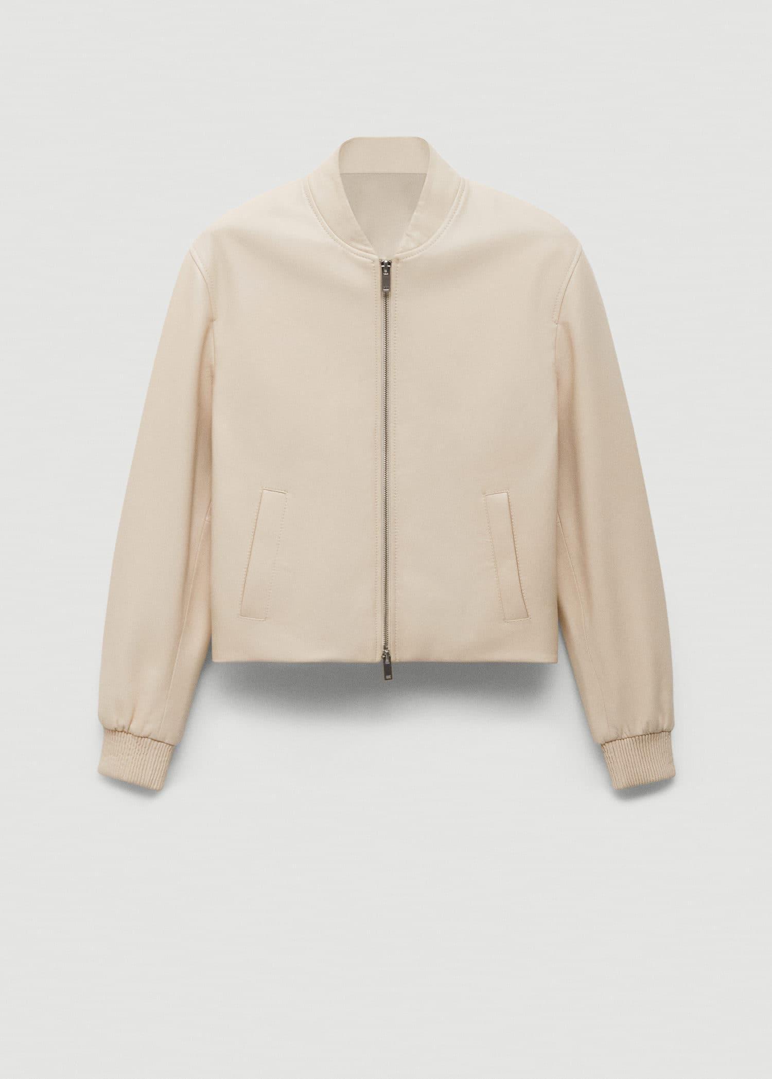 MANGO Leather Bomber Jacket in Ecru | endource