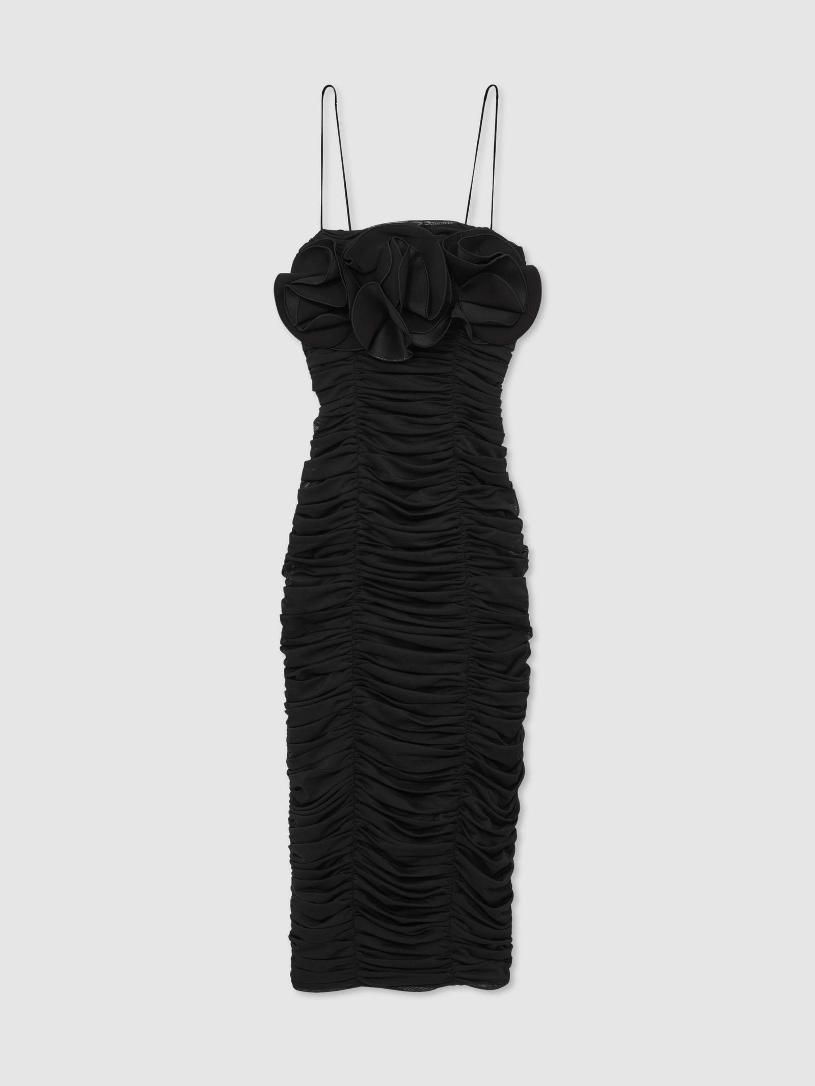 ACLER Gathered Midi Black Dress With Rosettes | endource
