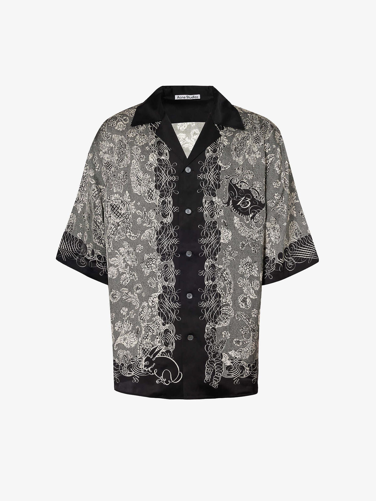 ACNE STUDIOS Etez Floral-Print Satin Shirt in BLACK/ECRU | Endource