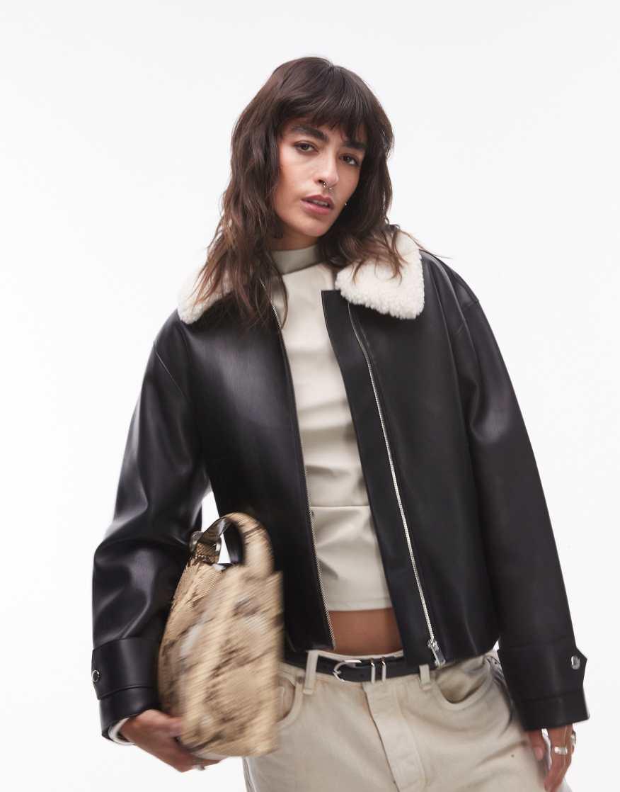 MANGO Clean Borg Neck Aviator Jacket in BLACK | endource