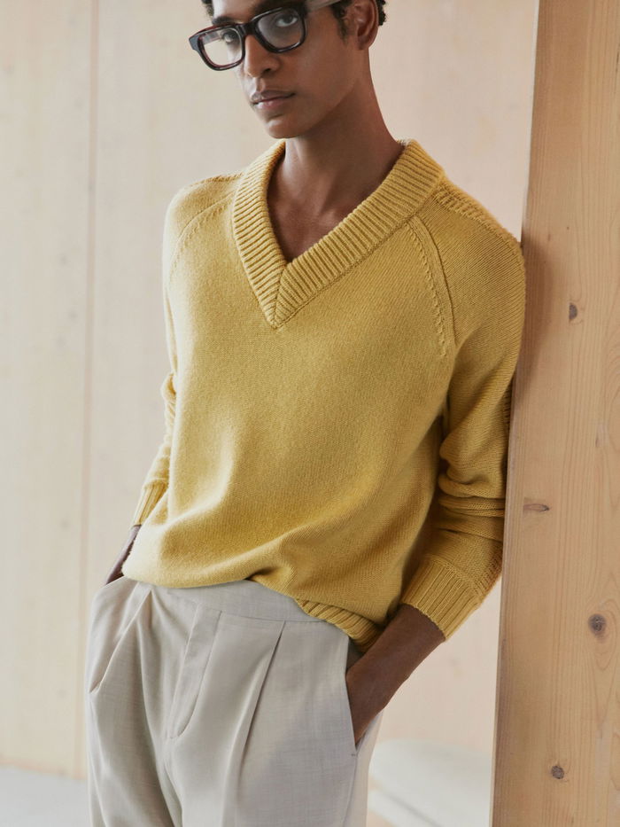 REISS Wool-Blend Rib-Detail V-Neck Jumper In Buttercup Yellow | endource