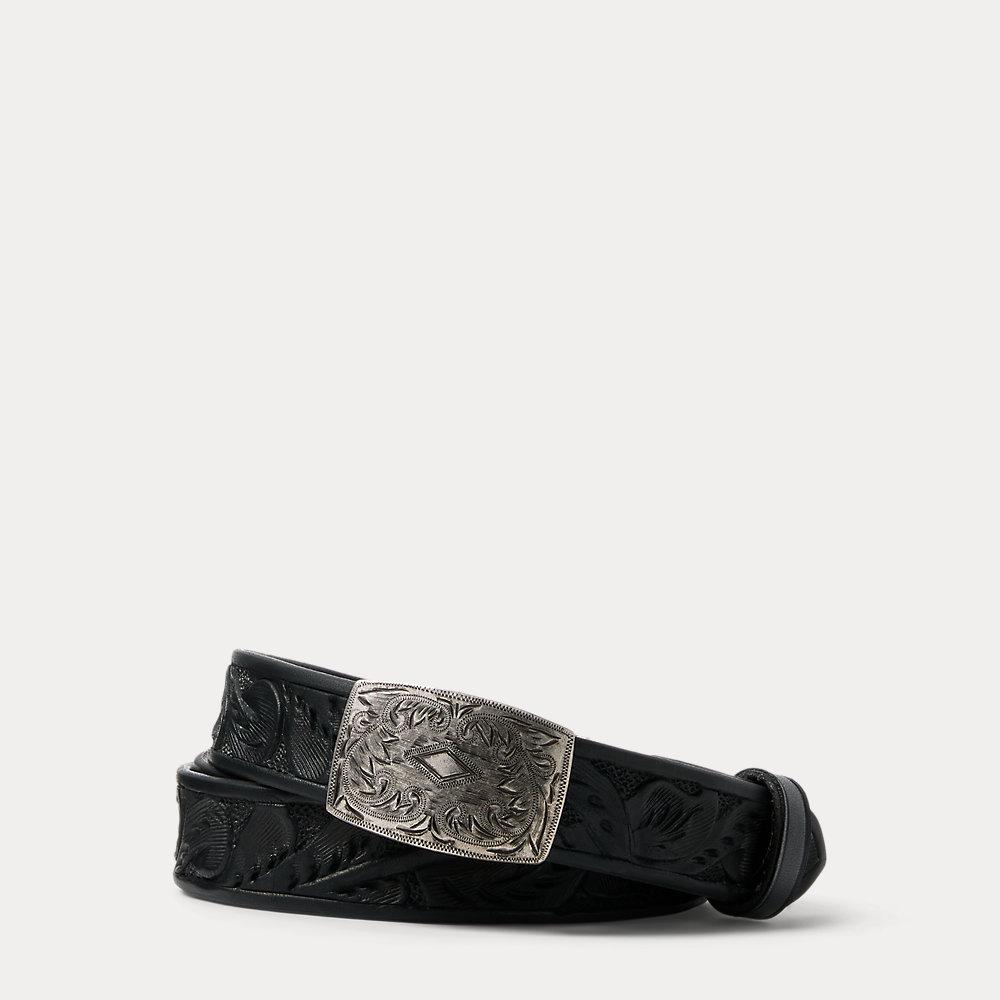 RALPH LAUREN RRL Hand-Tooled Leather Belt in Black | Endource