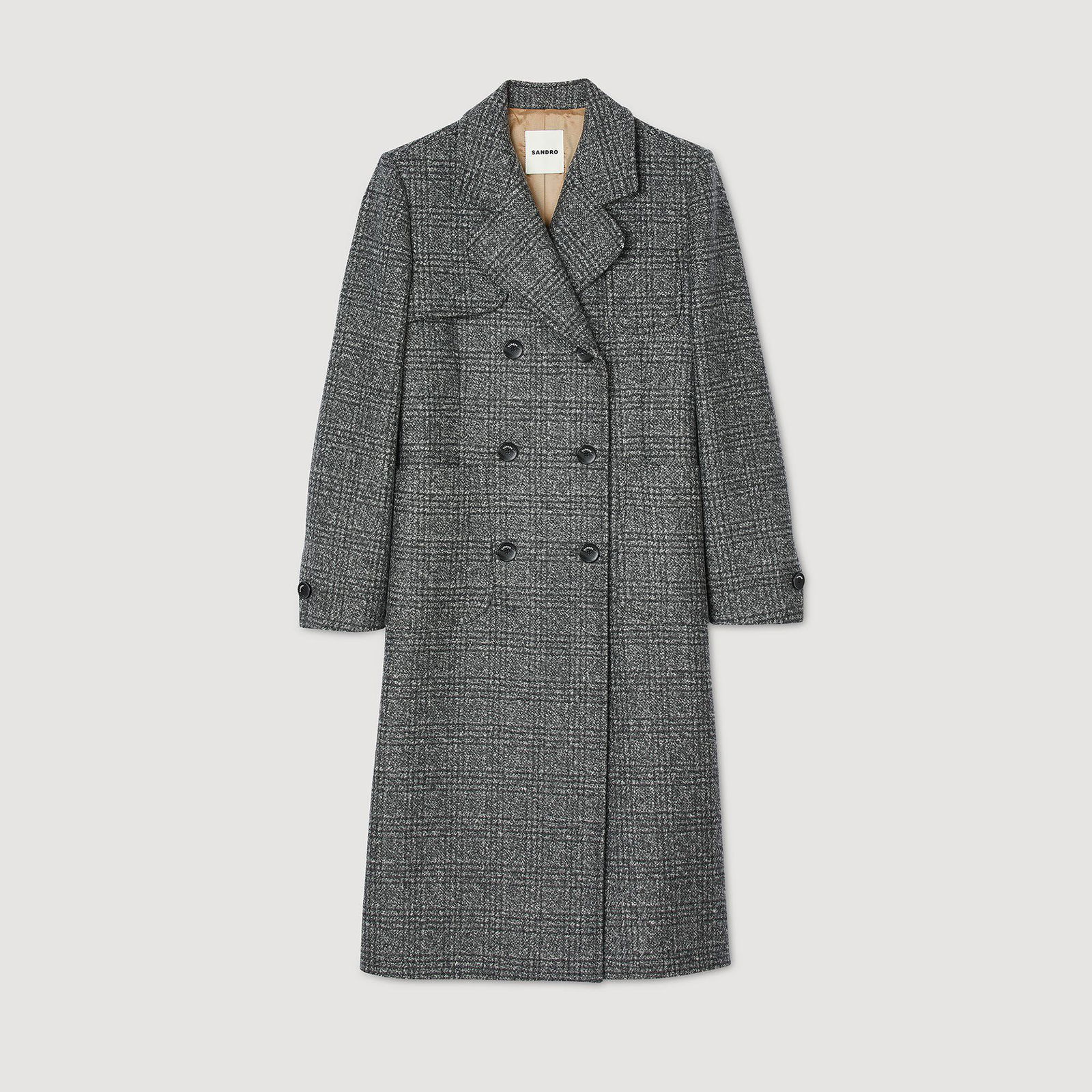 SANDRO Long Checked Coat in Grey | endource