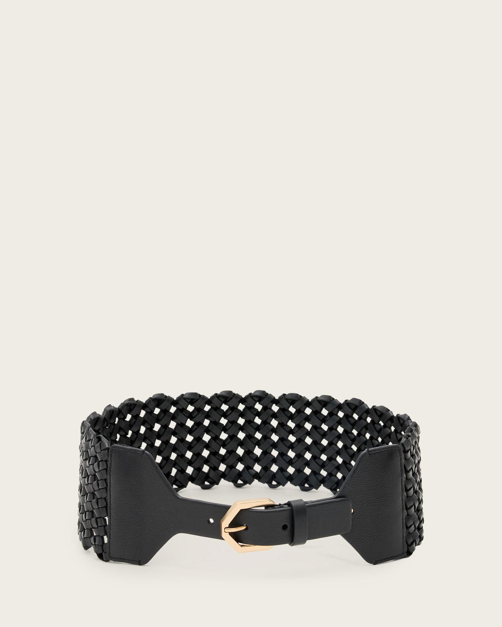 ALLSAINTS Mathilde Woven Leather Waist Belt in BLACK/WARM BRASS | endource
