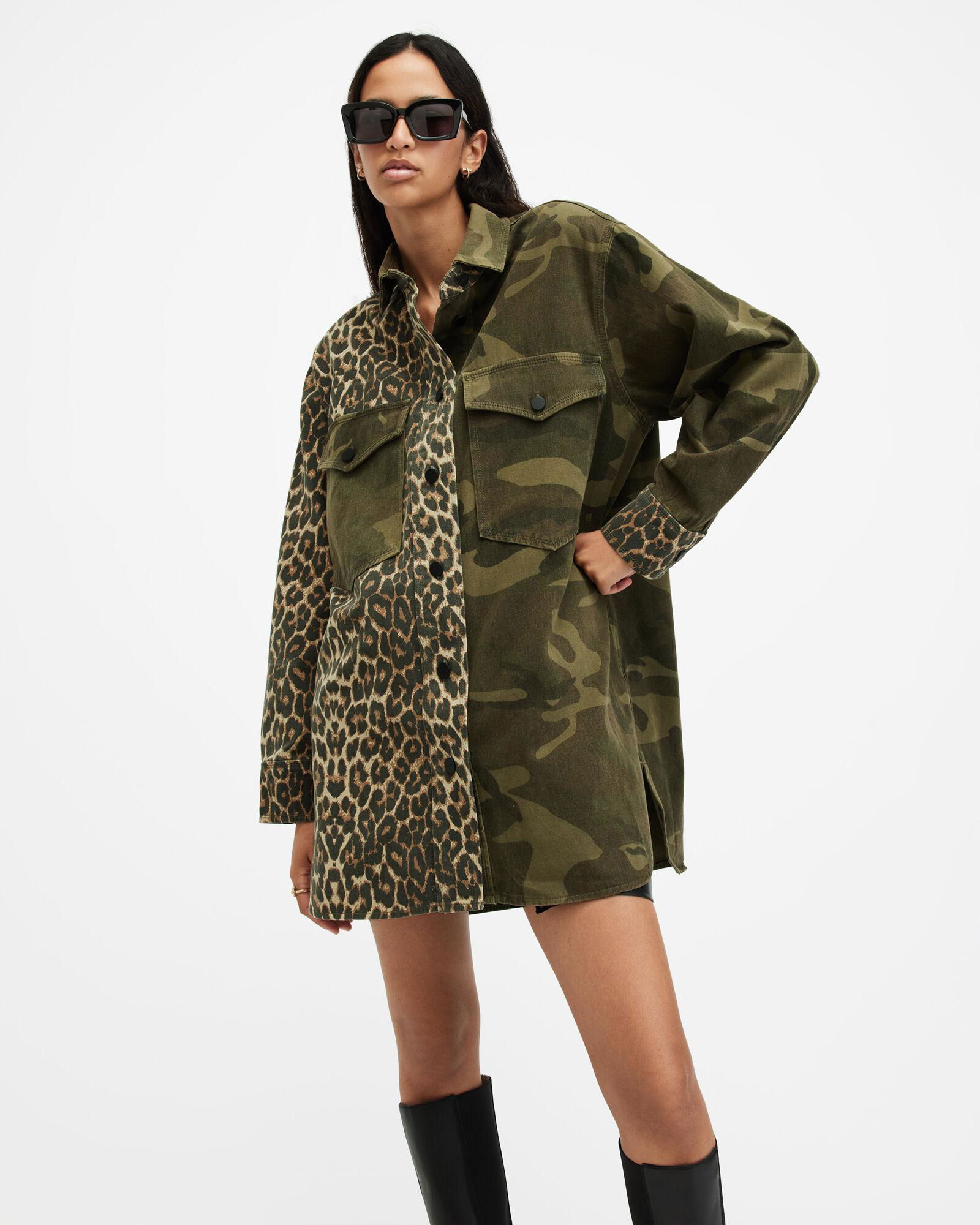 ALLSAINTS Lily Oversized Denim Shacket Dress in Camo Green | endource