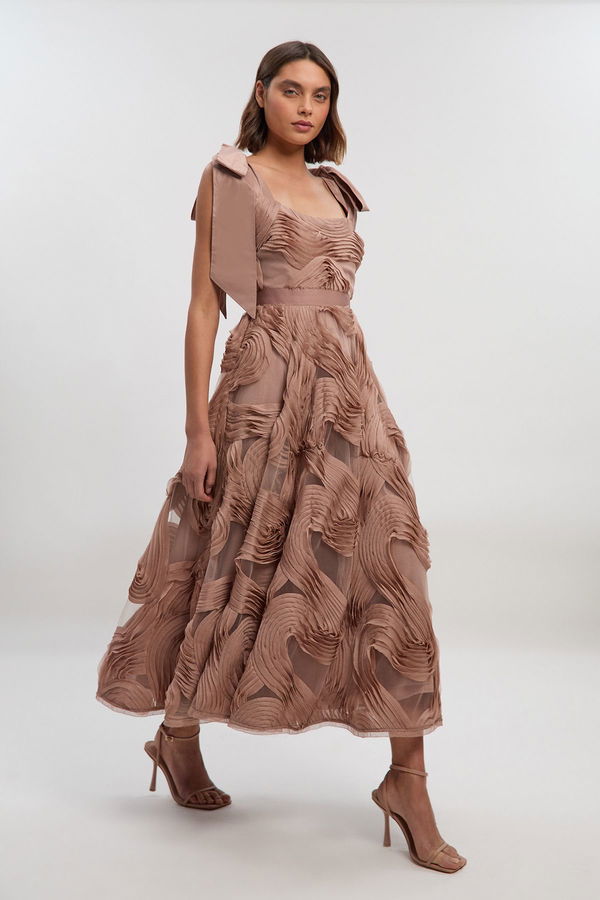 KAREN MILLEN Textured Ruffle Woven Midi Prom Dress | endource