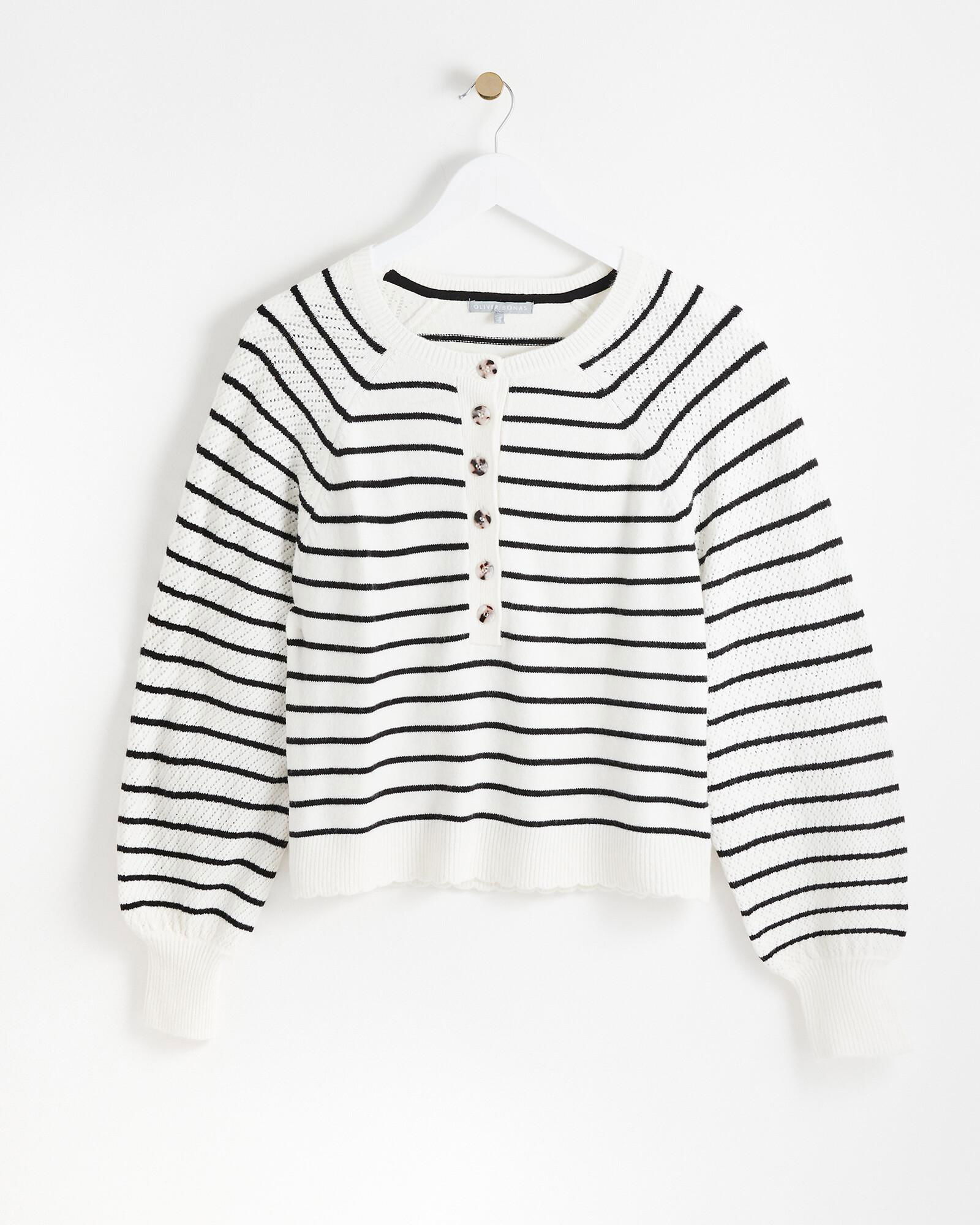 OLIVER BONAS Breton Stripe Button Knitted Jumper in Black | Endource