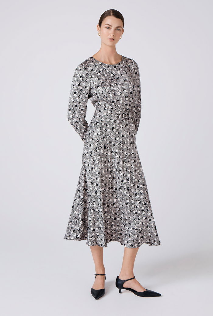 GHOST Sophia Floral Satin Midi Belted Dress | endource