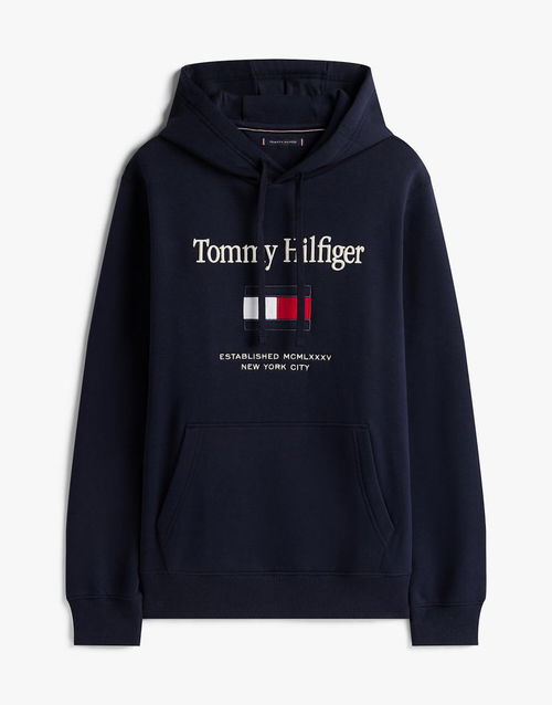 TOMMY HILFIGER Logo Embroidery Flex Fleece Hoody In Dark Blue | endource