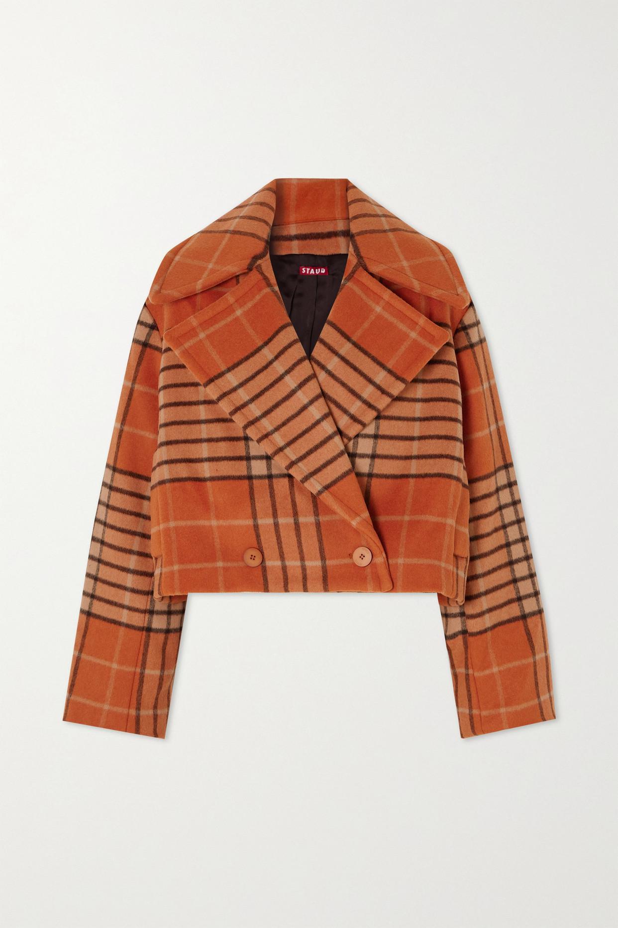 STAUD Mini Carver Double-Breasted Checked Wool-Blend Coat in Orange ...