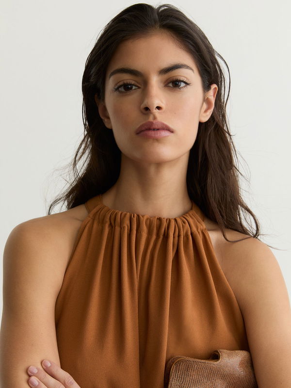 REISS Drape-Detail Sleeveless Midi Dress In Rust Orange | endource