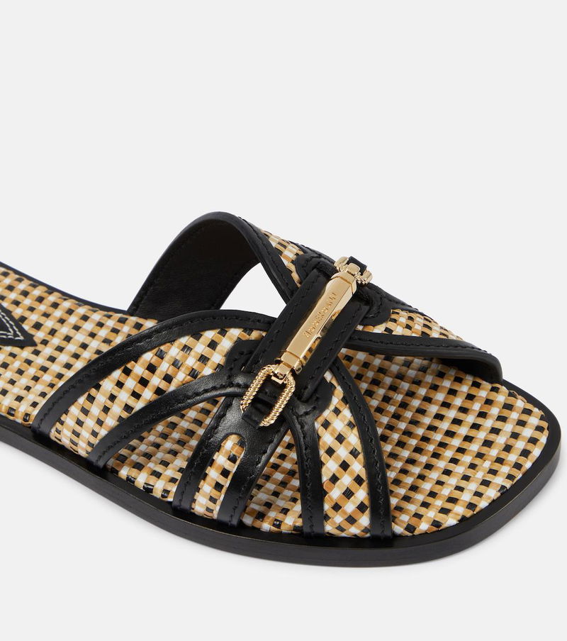 ZIMMERMANN Prisma Leather-Trimmed Raffia Slides in Black | Endource