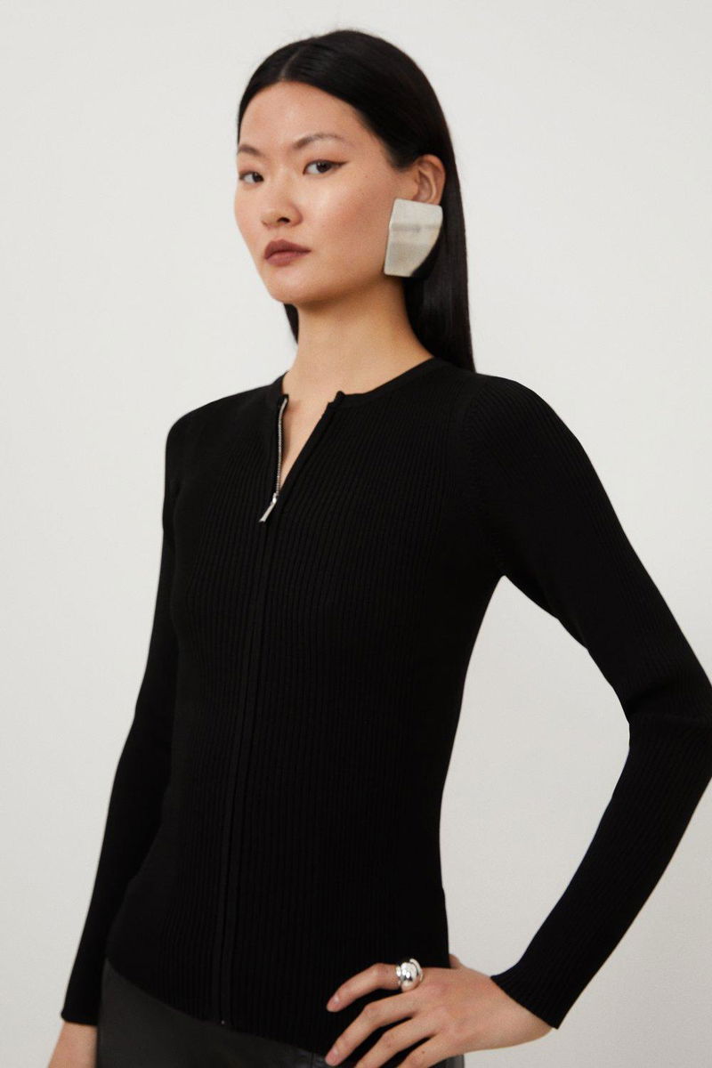 Karen Millen Rib Knit Zip Through Cardigan In Black Endource