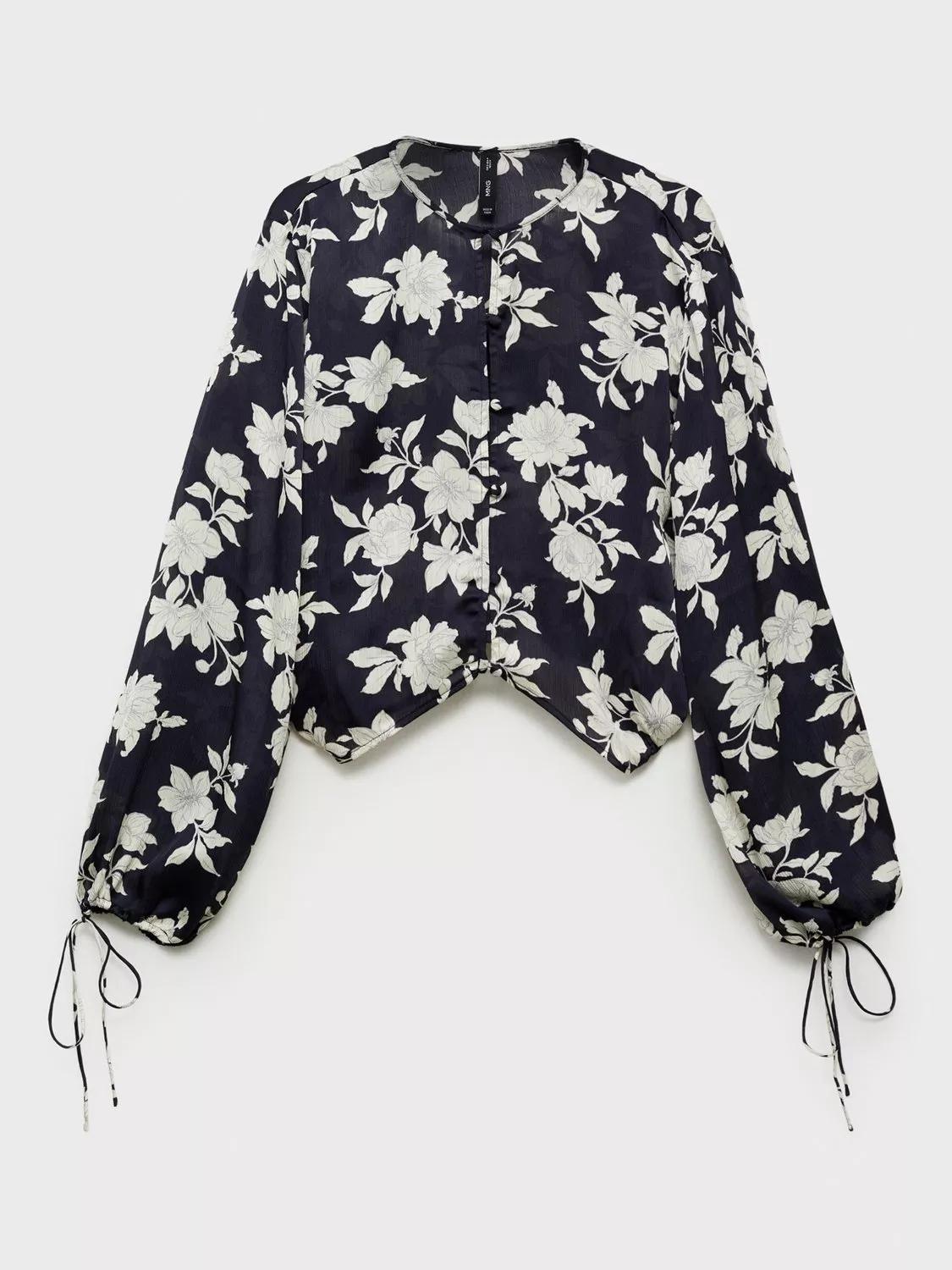 MANGO Swan Floral Satin Tie Sleeve Top in Black | endource