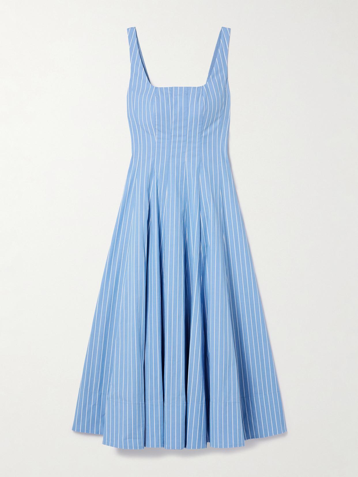 STAUD Wells Pleated Striped Cotton-Blend Poplin Midi Dress in Blue ...
